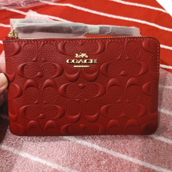 Coach | Bags | Coach Red And Gold Corner Zip Wristlet In Signature ...